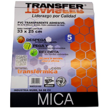 MICA ADHERIBLE TRANSPARENTE TRANSFER TAMAÑO CARTA